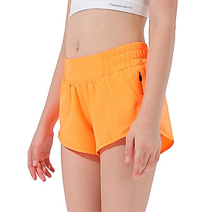 Aurefin Girls Athletic Shorts, Lightweight Running Shorts for Teen Girls Kids Sports Active Shorts with Zip Pocket and Elastic Orange/L