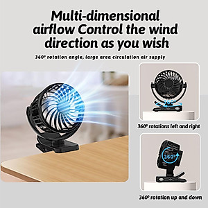 ENCHANTLIVING Portable Mini Clip On Fan,Desk Fan,Neck Fan,2.8 Inch Rechargeable,720 degree Rotate,3 Speed Quiet Mini Clip Fan,Small Clip on Fan Ideal For Outdoor Bedroom Office Camping Travel (black)