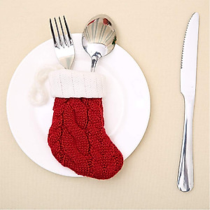 DegGod 6Pcs Christmas Tableware Silverware Holders Set, Red Knitted Christmas Stockings Knife and Fork Bags Covers for Thanksgiving New Year Party Decorations Xmas Dinner Table Decor Ornaments (Red)