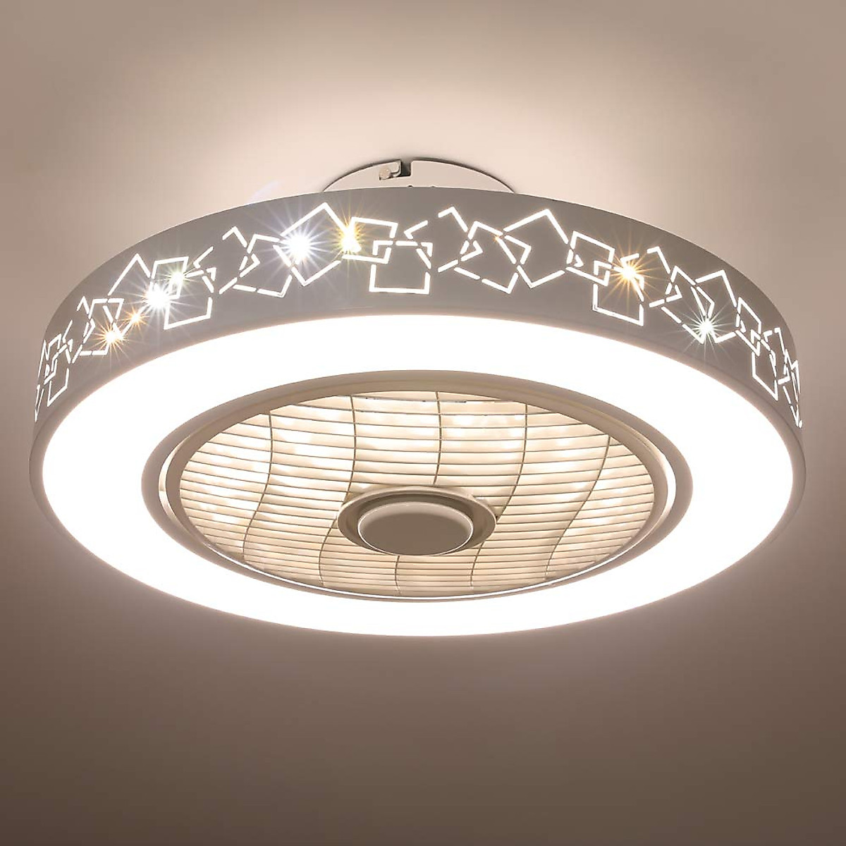 Ceiling Fan Light, Enclosed Round LED Dimmable Ceiling Lighting Fan with Invisible Blades,Semi Flush Mount Low Profile Fan W/Remote Control for Bedroom Office Living Room Children's Room 110V