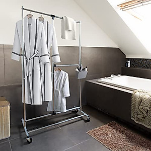 Tatkraft Marvel Heavy Duty Adjustable Clothes Rack on Wheels, Rolling Double Rod Garment Rack, Chromed Steel
