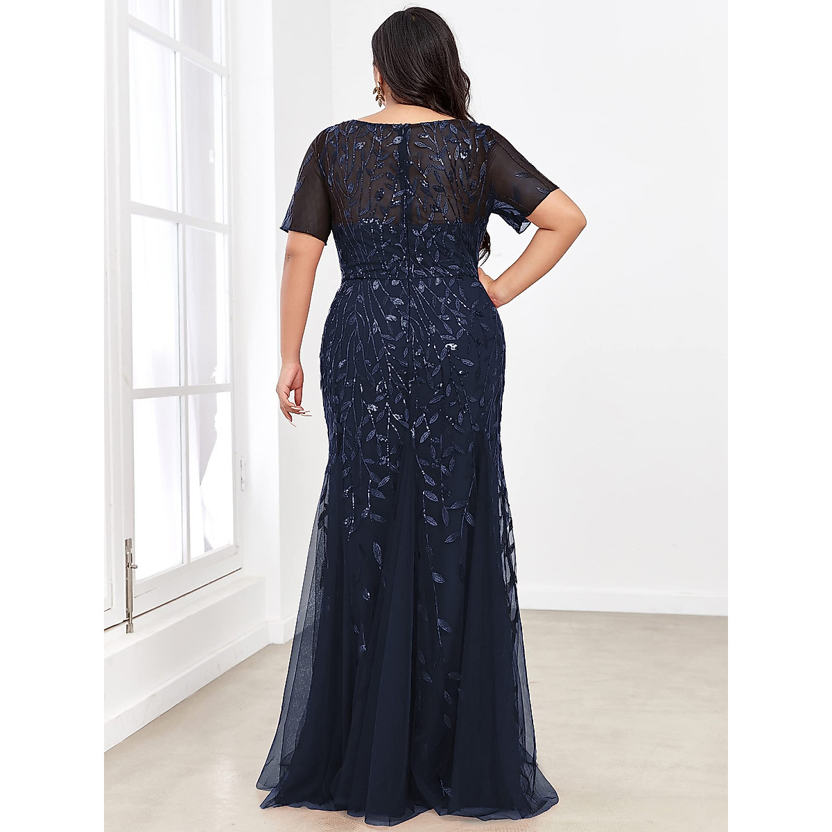 Ever-Pretty Women's Floor Length Mermaid Dress Prom Evening Dress Plus Size Dress Gowns for Women Navy Blue US18