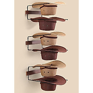 Taozun Cowboy Hat Rack - for Hat Holder Hat Organizer- 6 Pieces Hat Storage for wall with Wooden Board and Display Cowboy hat srack, Black Metal Hat Holder Wall Organizer