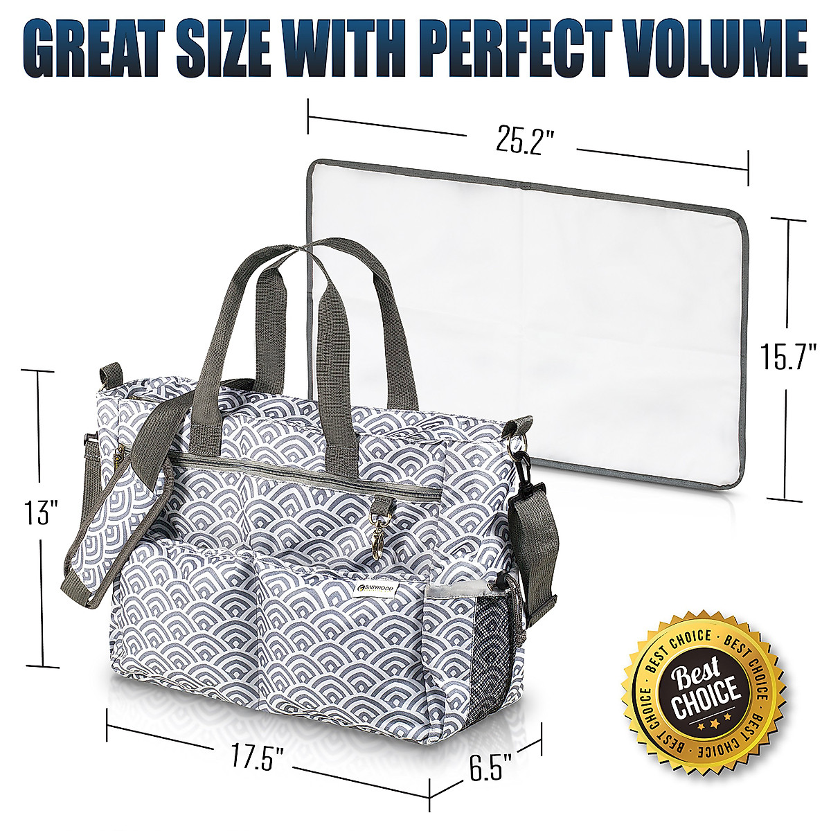 BABYHOOD X-Large Designer Baby Diaper Bag 12 Multi-Use Pockets, Stroller & Shoulder Straps, Insulated Bottle Holders, Padded Changing Mat, Special Summer Sale