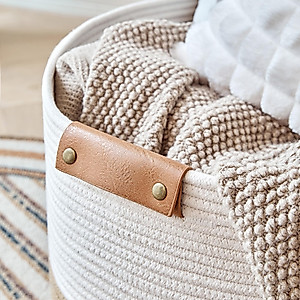 R RUNKA Extra Large Basket 22" x 14", Soft Woven Storage Basket with Leather Handles,Big Basket and Organizer for Laundry, Toys, Books and Baby Blankets