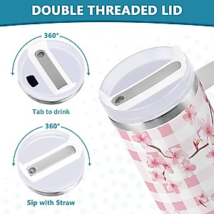 ALAZA Cute Cherry Flowers Plaid 40 oz Tumbler Water Bottle with Straw Lid and Handle,Reusable Insulated Stainless Steel Cup for Women Men Travel Car Cup Holder