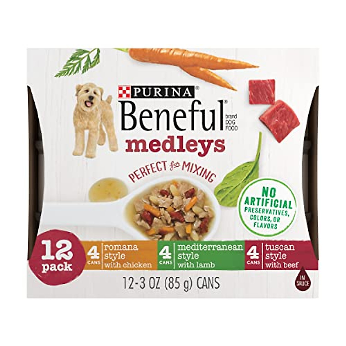 Purina Beneful Wet Dog Food Variety Pack, Medleys Tuscan, Romana & Mediterranean Style - (2 Packs of 12) 3 oz. Cans