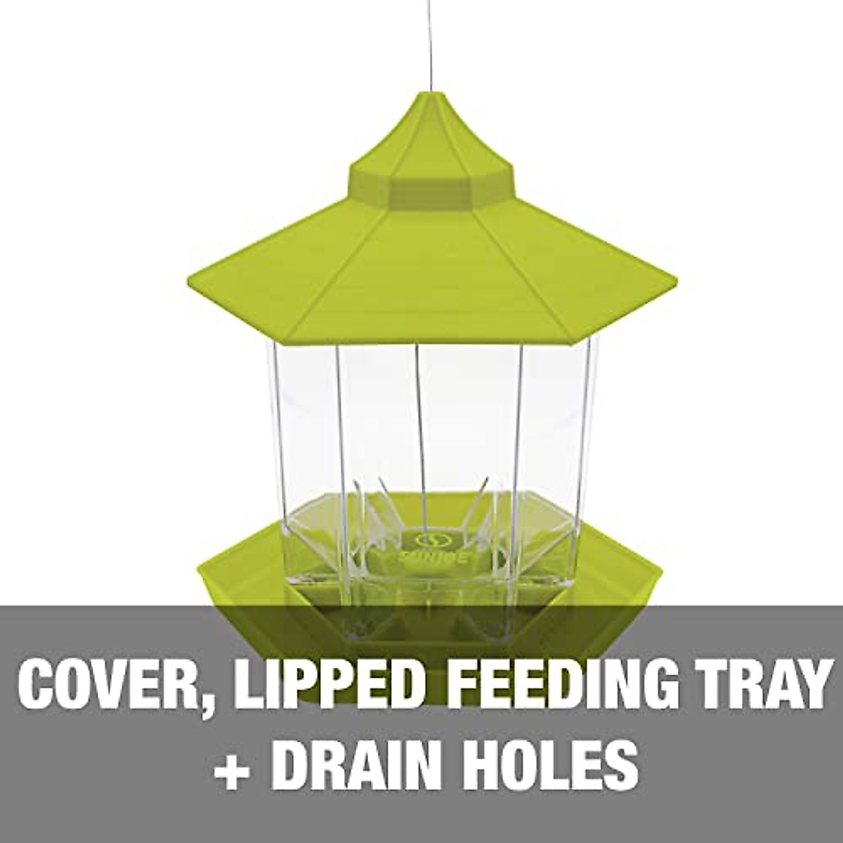 Sun Joe SJ-WBFX-GRN Wild Bird Hanging Feeder, w/Roof and Hexagonal Shape, for Outdoor Garden & Yard Decoration, 2.15 Lbs Bird Seed & Nut Capacity