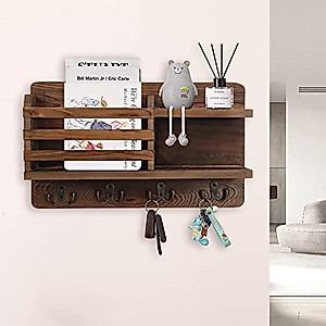 Laerjin Key Holder for Wall Wall-Mounted Key and Mail Holder with 4 Double Key Hooks and A Floating Shelf Rustic Home Decor for Entryway or Mudroom - Burlywood