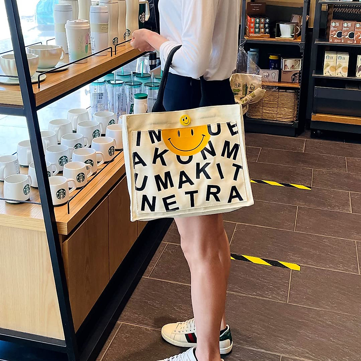 ROUGH & RAW, Tote Bag with Letter Smile Colorful Straps Shoulder Bag Canvas Single Shoulder Smile Face Bag Women`s Handbag Shopping Bags