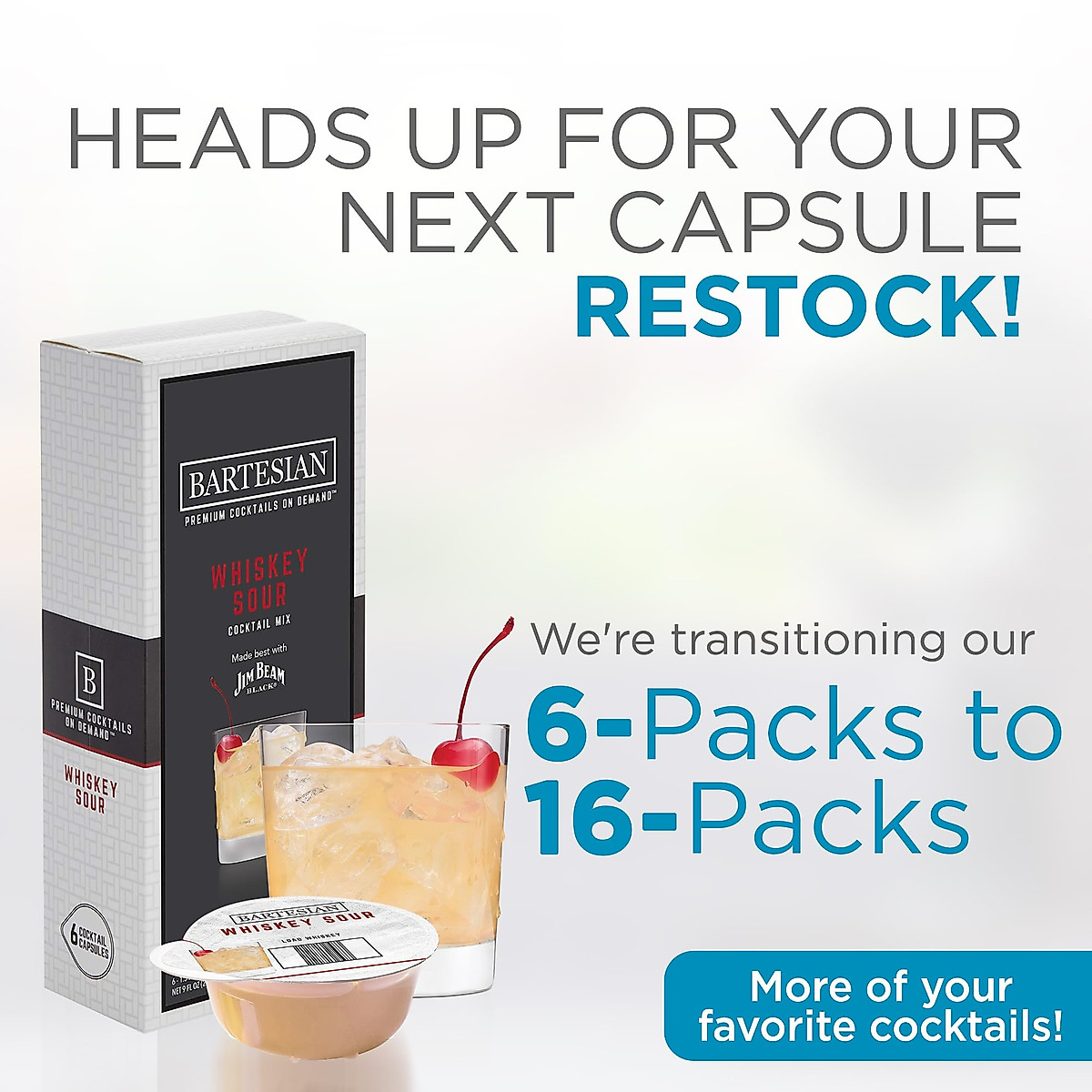 Bartesian Whiskey Sour Cocktail Mixer Capsules, Pack of 6 Cocktail Capsules, for Bartesian Premium Cocktail Maker (55353)