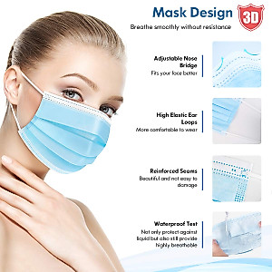 Disposable Face Mask Adult Breathable Mask with Nose Clip Ear Loop 100 Pack Blue