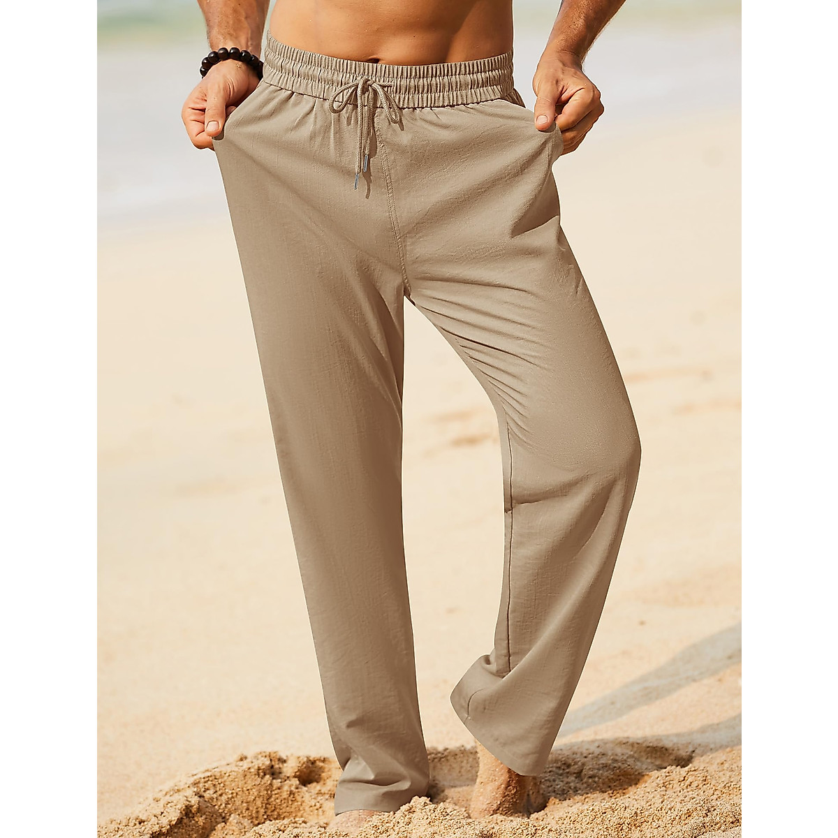iWoo Mens Elastic Waist Drawstring Pants With Pockets Beach Linen Pants Men Dk Xxl
