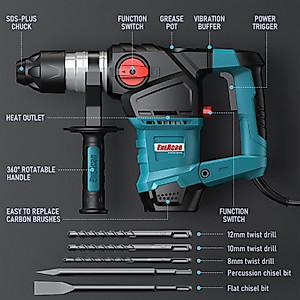 ENEACRO 1-1/4 Inch SDS-Plus 12.5 Amp Heavy Duty Rotary Hammer Drill, Safety Clutch 3 Functions with Vibration Control Including Grease, Chisels and Drill Bits with Case