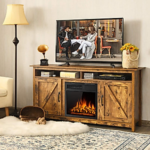 Tangkula Industrial Fireplace TV Stand for TVs Up to 65 Inches, Entertainment Center w/ 1500W Fireplace, Fireplace Media Console Table, Electric Heater w/Adjustable Brightness & Remote (Brown)