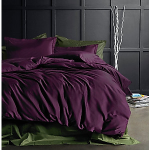 Solid Color Egyptian Cotton Duvet Cover Luxury Bedding Set High Thread Count Long Staple Sateen Weave Silky Soft Breathable Pima Quality Bed Linen (Queen, Deep Plum)