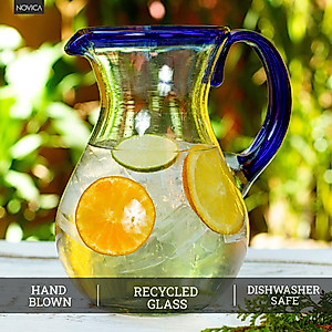 NOVICA Artisan Crafted Blue Accent Clear Glass Recycled Hand Blown Pitcher from Mexico, 82 Oz, Blue Grace'