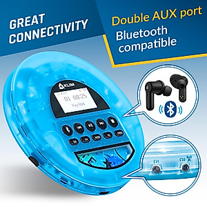 KLIM Nomad Transparent Blue - Portable CD Player Walkman with Long-Lasting Battery - Includes Headphones - Discman MP3 Player - TF Card FM Radio Bluetooth AUX - Ideal for Home, Cars - 2024 Version