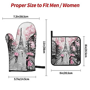 Romantic Paris Street 4pcs Oven Mitts and Pot Holders Sets Kitchen High Heat Resistant Non Slip Oven Glove for Cooking BBQ Baking Grilling