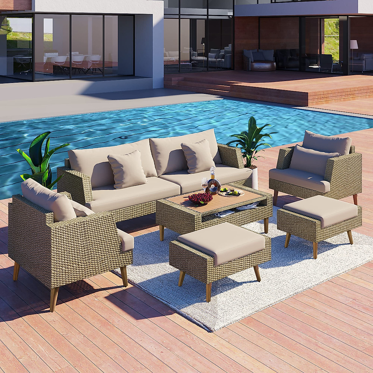 Merax 6-Pieces All Weather PE Wicker Sofa Set, Outdoor Rattan Sofa with Double Cushions, Wood Legs Wood Table Top