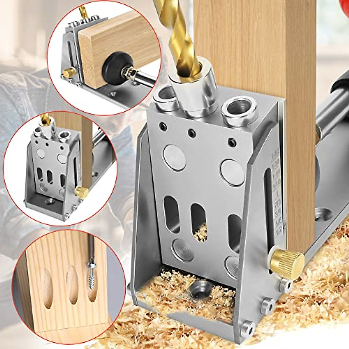 Pocket Jig Hole Kit, Professional Pocket Hole Jig Kit, Pocket Screw Jig with Removable Vacuum Adapter, All-Metal Pocket Hole Drill Guide Jig Set for Angled Holes for Men Carpentry Joinery Woodworking