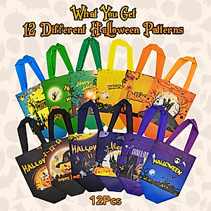 Maetrin Halloween Bags for Trick or Treat Bags, 12pcs Small Halloween Party Favors Gift Bags with Handles for Kids & Adult, Premium Non-Woven Halloween Tote Bags with 12 Different Designs