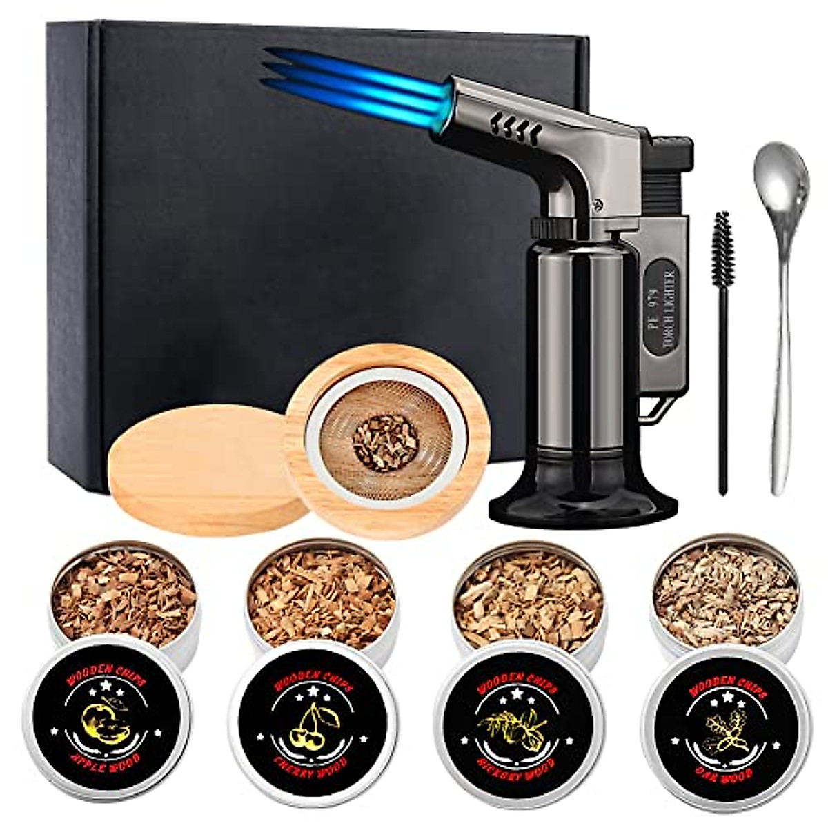 Cocktail Smoker Kit, Whiskey Smoker Kit with Torch, Old Fashion Bourbon Drink Smoker, 4 Flavor Wood Chips Drink Smoker Infuser Kit for Men, Dad, Husband, Friends Gift.
