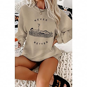 BOUTIKOME Never Better Skeleton Sweatshirt Women's Halloween Shirt Horror Skull Fall Long Sleeve Sarcastic Pullover Tops(Khaki,M)