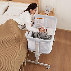 Ezebaby Baby Bassinet, Bedside Bassinet for Baby, Portable Baby Bassinets Bedside Sleeper for Newborn Baby Infants with Adjustable 7 Heights and All Mesh Sides, Mattress & Sheet Included