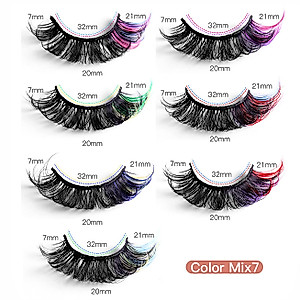 Colored Eyelashes Mink Lashes With Color on End, Fluffy Colorful Lash Clusters, Dramatic Long Thick Cat Fox Eye Lashes Full Curly False Eyelash, 3d D Curl Salon Extensions Strip Pack 7 Pairs
