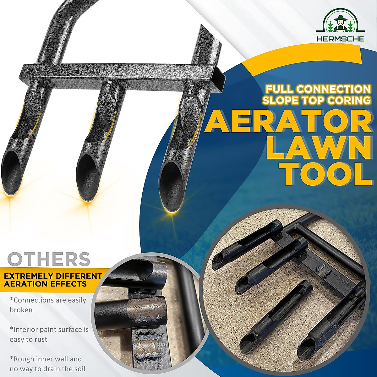 Hermsche Lawn Aerator Coring Tool Plug Aeration Manual 3 Core with Slope Top Half-Open Slot Hollow Tine Plug Core Aerators Heavy Duty Tool for Compacted Soils and Lawns Yard Garden