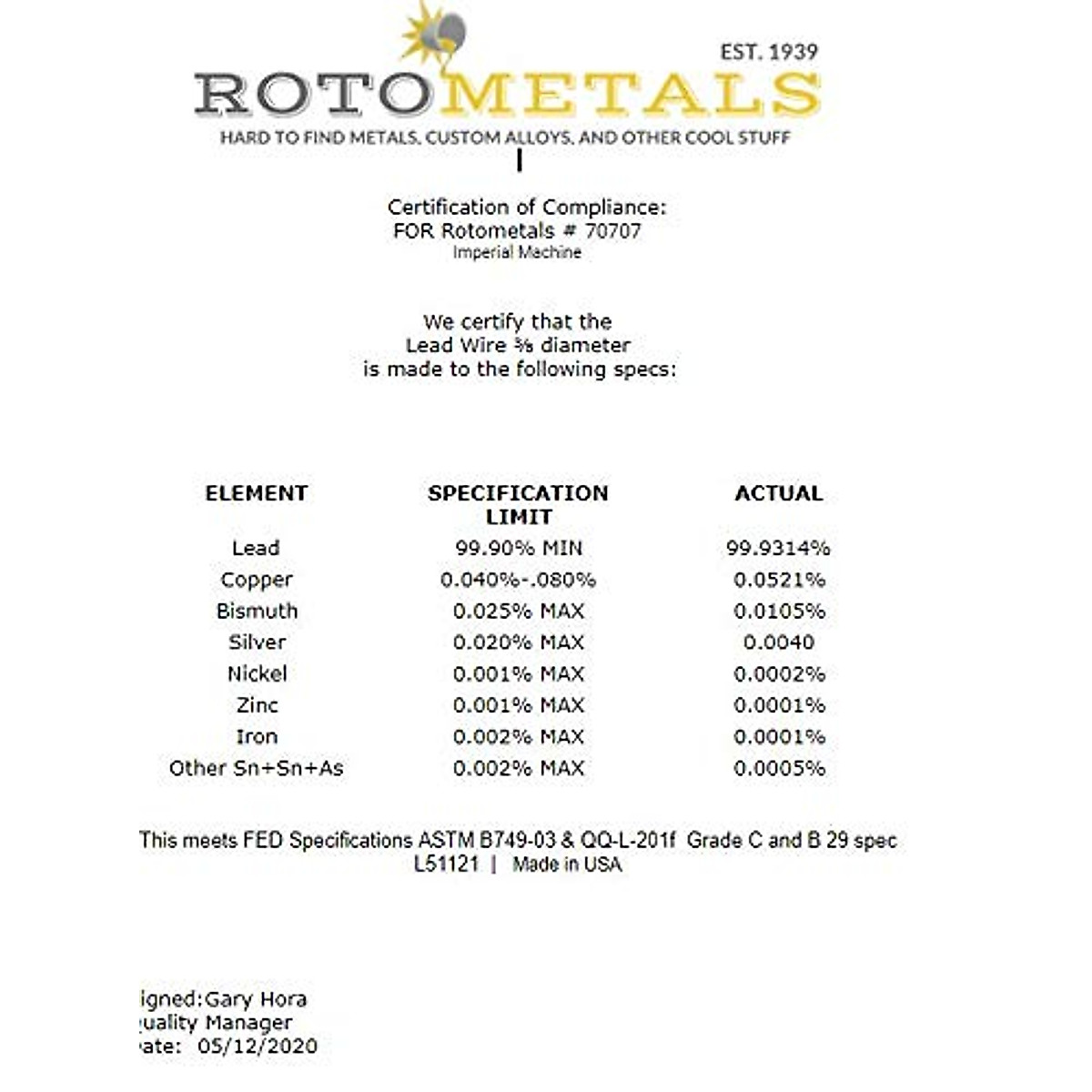 RotoMetals 3/8 inch Diameter Pure 99.9% Lead Wire Per Foot. Great for Pinewood Derby Cars.
