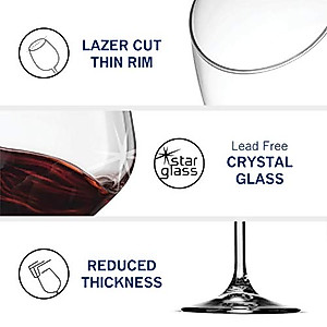 Bormioli Rocco 18oz Red Wine Glasses, Crystal Clear Star Glass, Laser Cut Rim For Wine Tasting, Elegant Party Drinking Glassware, Restaurant Quality (Set of 4)