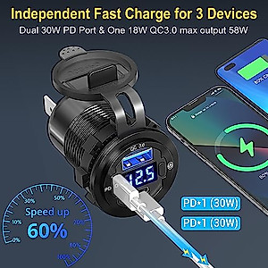 [Upgraded Version] 12V USB Outlet Qidoe 78W 3 Port USB C 12V Outlet Dual PD 30W & 18W USB A Port with Voltmeter Lengthened Aluminum Body Switch Waterproof USB Car Charger Socket for Car Boat Marine RV