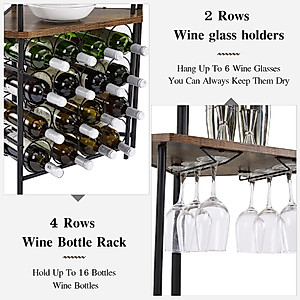 VECELO 3-Tier Corner Wine Rack Freestanding Floor with Glass Holder, 16 Bottles, Wooden Home Liquor Bar Cabinet Storage Display Shelf for Kitchen Dining Room, Rustic Brown