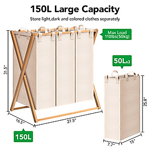 Ollieroo Laundry Hamper,150 Liters Collapsible Laundry Basket 3 Section,Large Capacity Bamboo Laundry Basket Sorter,Foldable X-Frame Dirty Clothes Hamper for Bedroom, Laundry Room, Bathroom,Beige