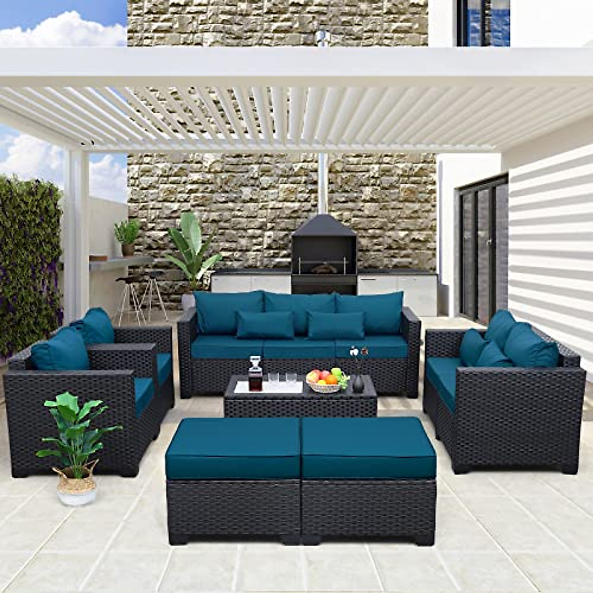 Rattaner Patio Furniture Set 7 Pieces Couch Outdoor Chairs Coffee Table Peacock Blue Anti-Slip Cushions and Waterproof Covers
