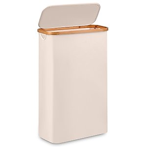 Merkisa Slim Laundry Basket,Tall laundry Hamper with Lid,60L Hamper for Laundry,Dirty Cloth Hamper with Bamboo Handle for Toys,Towels, Clothes Organizing,Beige