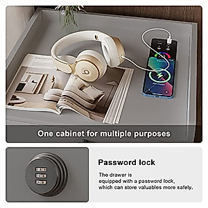 Dytler RGB Smart Nightstand, with Wireless Charging Station and USB Port, Modern Bedside Table, Bedroom LED Night Stand, 2 Drawers, Lockable, Home Office end Side Cabinet(Grey)