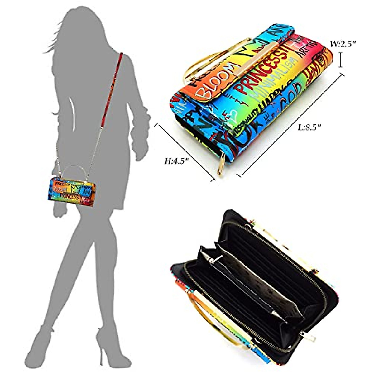 Multicolor Graffiti Printed Cell Phone Purse Wallet Smartphone Crossbody Wallet Travel Multifunction Phone Case Wristlet (#D-Multi2(GN/PK))
