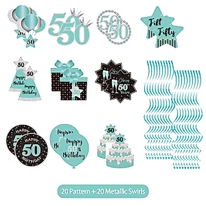 Happy 50th Birthday Party Hanging Swirls Streams Ceiling Decorations, Celebration 50th Foil Hanging Swirls with Cutouts for 50 Years Teal Silver Black Blue Birthday Party Decorations Supplies