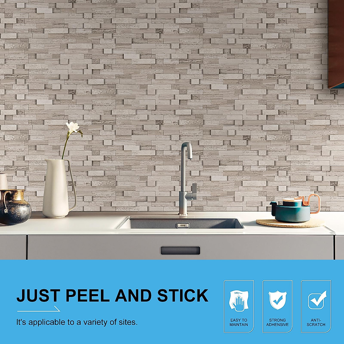V-MOZZA Peel and Stick Stone Tile, 5-Sheet Peel and Stick Stone Mosaic Backsplash 11.5" x 10.7" 3D Marble Look Backsplash Tiles for Kitchen Fireplace (Mixed Tan)