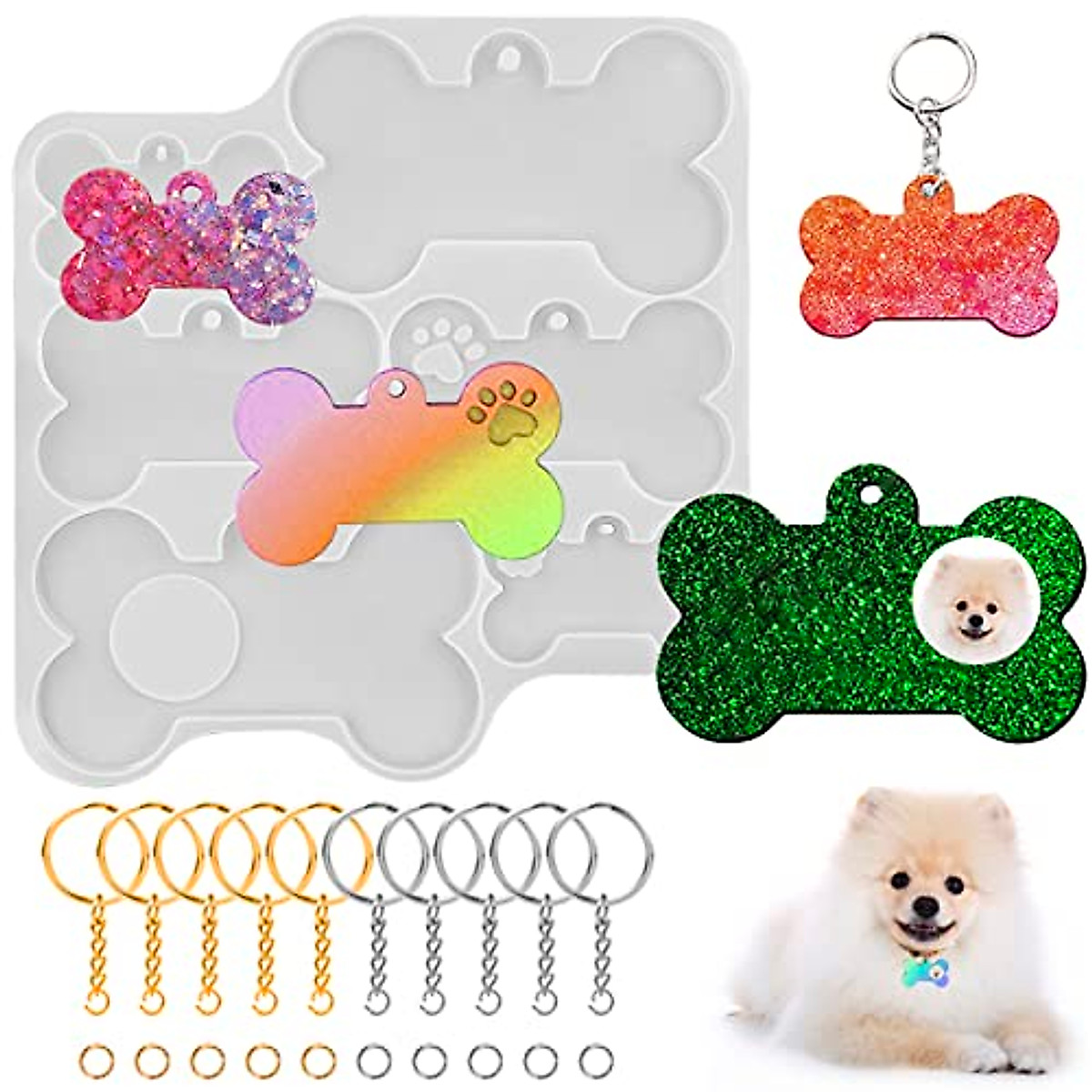 6 PCS Pet Tag Resin Molds, AFUNTA Dog Bone Shaped Tag Silicone Molds Photo Memorial Resin Molds Silicone with 10 Key Rings, for DIY Keychain Pet Tag Pendant Craft