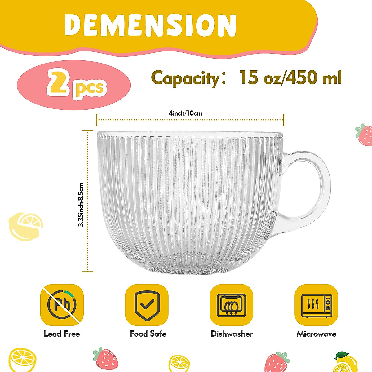 2 Pack Glass Soup Bowl with Lids Glass Cereal Bowl with Spoon Handle Clear Coffee Mug 15 oz Oatmeal Bowl Microwave Safe Breakfast Bowls Yogurt Bowl for Latte Dessert Beverage Tea Soup Cereals Fruits