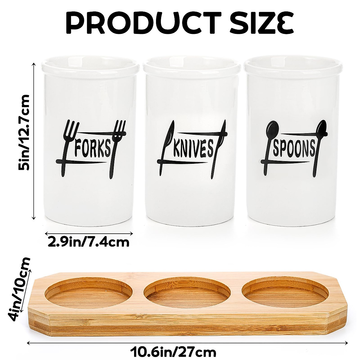 Youeon 3 Pcs Ceramic Silverware Caddy Utensil Holder for Countertop, Silverware Organizer with Bamboo Tray, Spoon and Fork Holder, Flatware Organizer Utensil Caddy for Counter, Cabinet, Restaurant