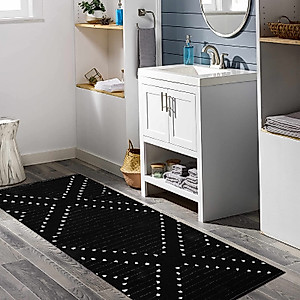 HAOCOO Moroccan Washable Runner Rug, 2’x6’ Modern Geometric Hallway Runner Rug,Woven Cotton Diamond Kitchen Runner Rug Floor Carpet Black Area Rugs for Entryway Bedroom Laundry Room Living Room
