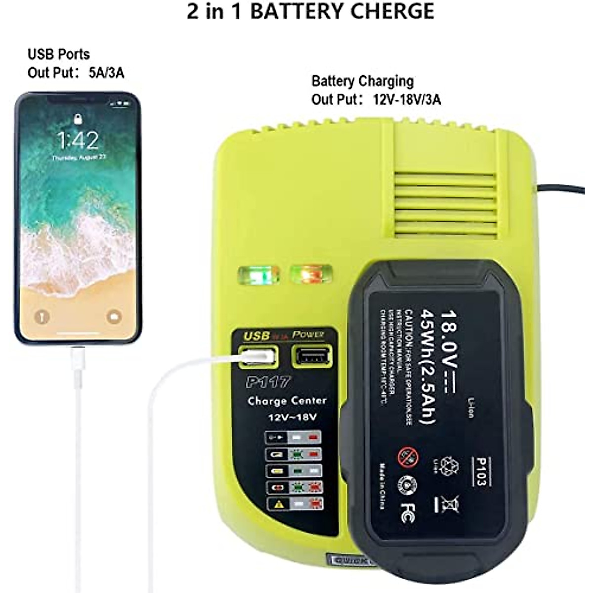 2 Pack 3.6Ah 18V P102 Battery Replacement for Ryobi 18v Battery and Charger Combo Replace for Ryobi 18 Volt Battery & P117 Charger Charging Station Compatibe with Ryobi 18volt Drills Starter Kit