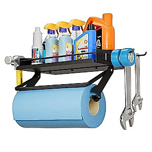 Lorbro Garage Paper Towel Holder, Paper Towel Holder Wall Mount with Shelf One Hand Tear, Garage Organization and Storage with 4 Detachable Hooks, Holds 50 lbs, for Quick Clean Station, Workshop
