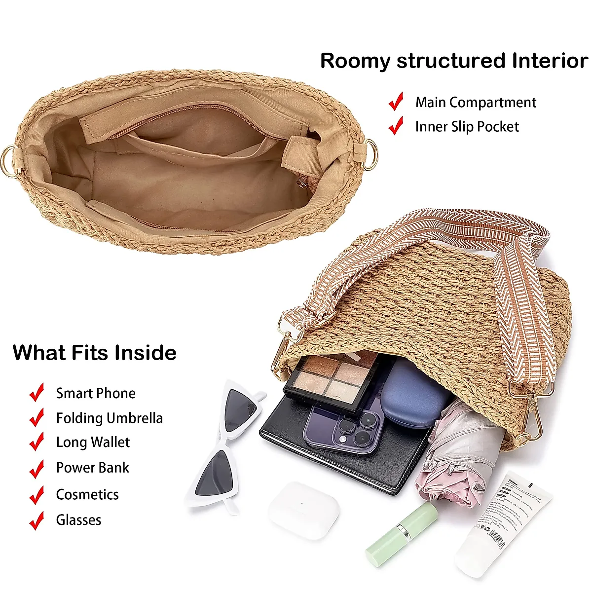 Herald Small Handmade Straw Crossbody Bag for Women, Summer Chic Woven Handbag Shoulder Purse with Chain & Guitar Strap (Coffee)