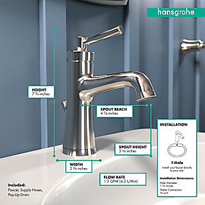 hansgrohe Joleena Transitional 1-Handle 1 8-inch Tall Bathroom Sink Faucet in Polished Nickel, 04771830